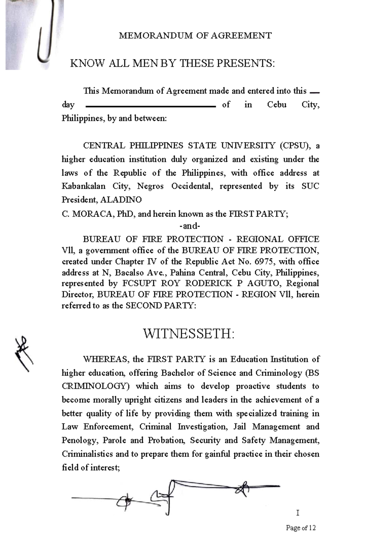 CPSU-BFP Internship MOA: Training Agreement for Criminology Students ...