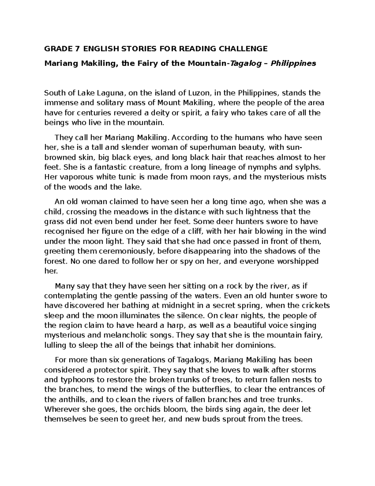 Grade 7 English Reading Challenge: The Tale of Mariang Makiling - Studocu