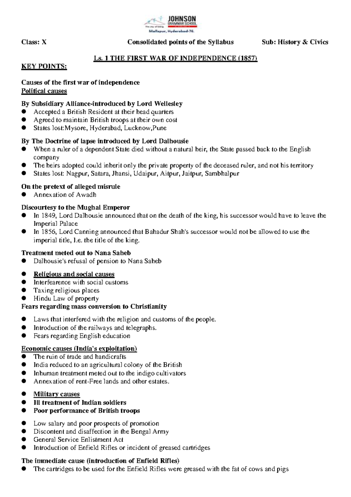 History Class X: Key Points on The First War of Independence (1857 ...