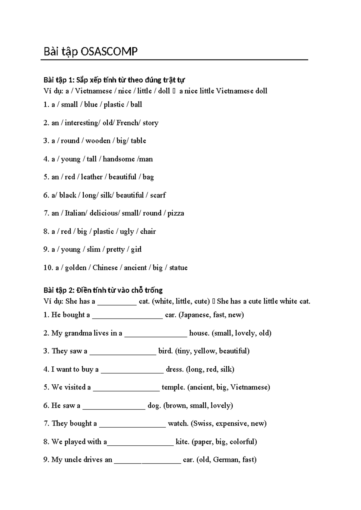 Bài tập OSASCOMP: Sắp xếp và Điền Tính Từ - Studocu