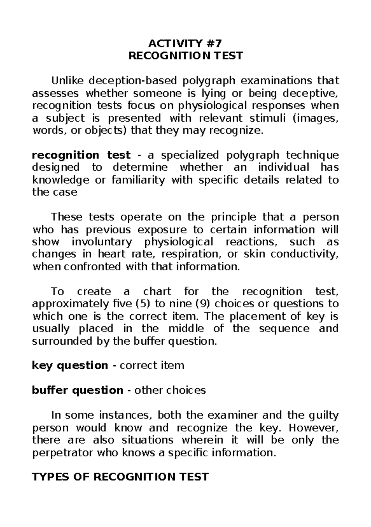 ACTIVITY 7: RECOGNITION TESTS AND TECHNIQUES - Studocu