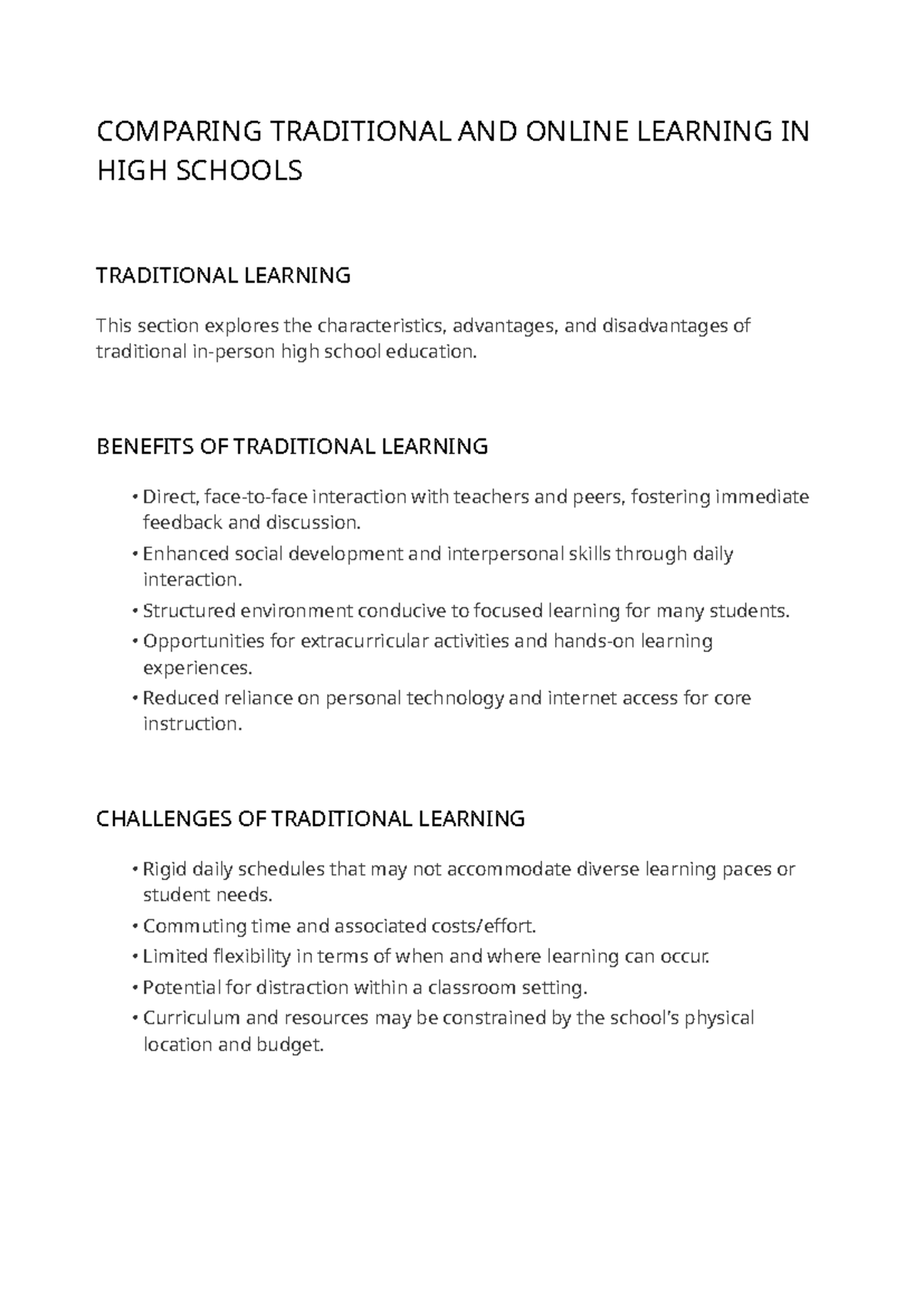 Comparing Traditional vs Online Learning in High Schools - Studocu