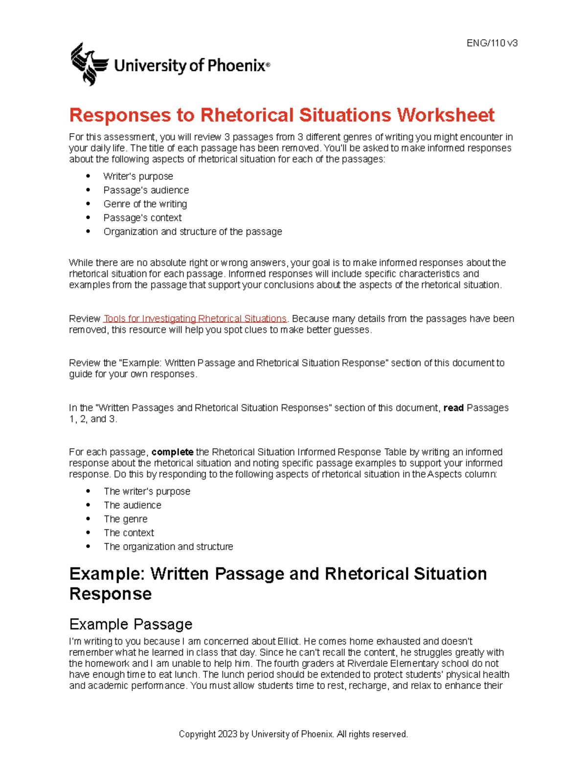 ENG/110 v3 Week 2 Rhetorical Situation Responses Worksheet - Studocu