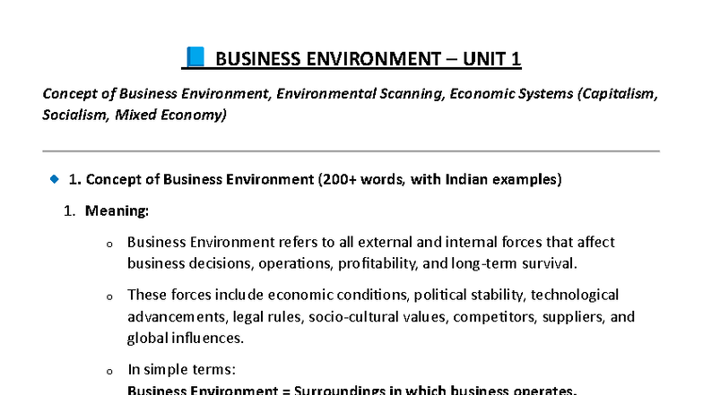 BUSINESS ENVIRONMENT UNIT 1: Concepts, Scanning, and Economic Systems ...