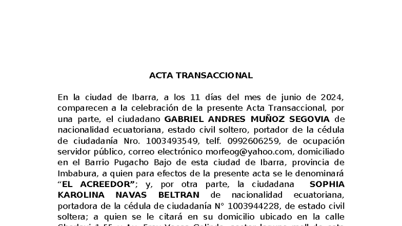 ACTA TRANSACCIONAL - Ibarra, 11 de junio de 2024 - Studocu