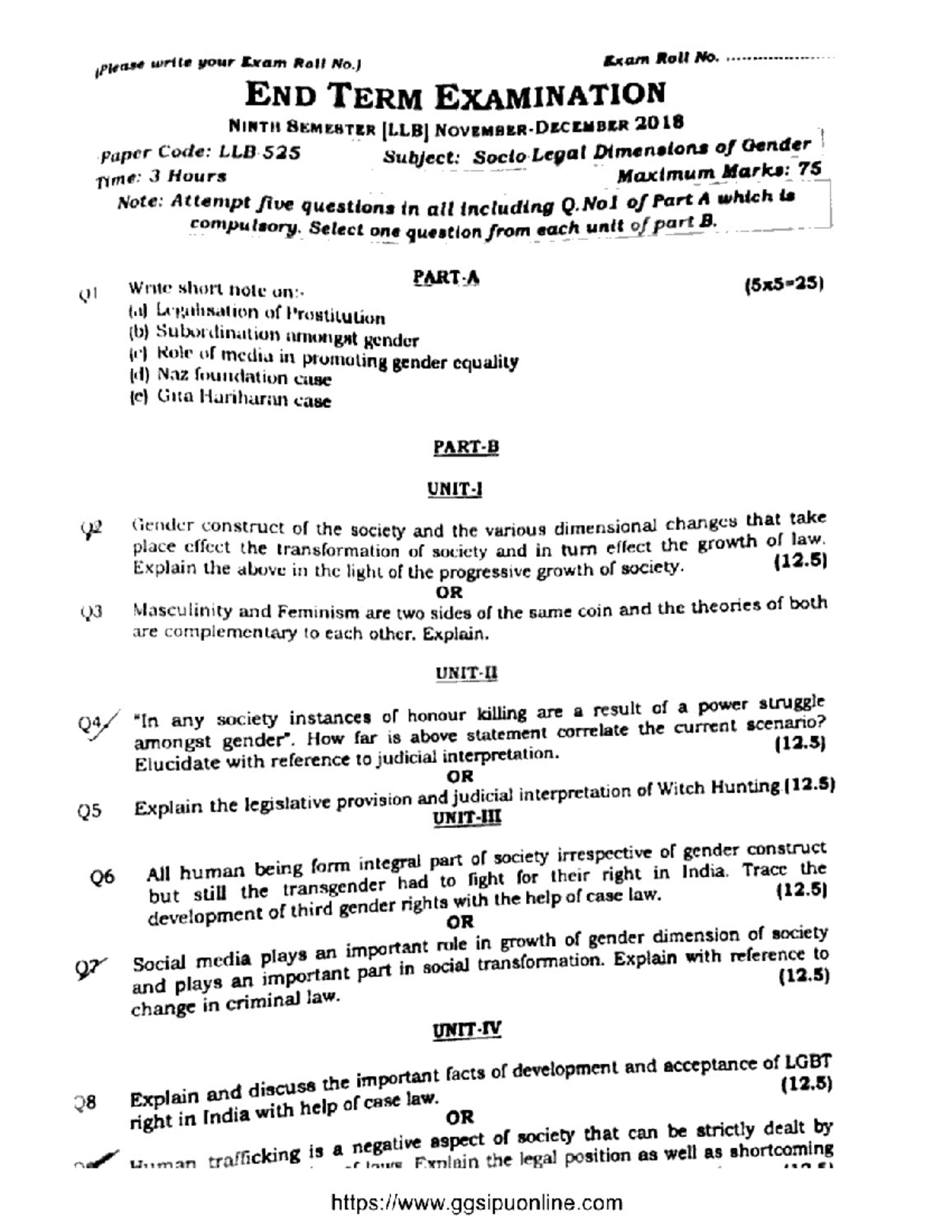 Socio Legal Dimensions of Gender - End Term Exam 2018 (Code: 92) - Studocu