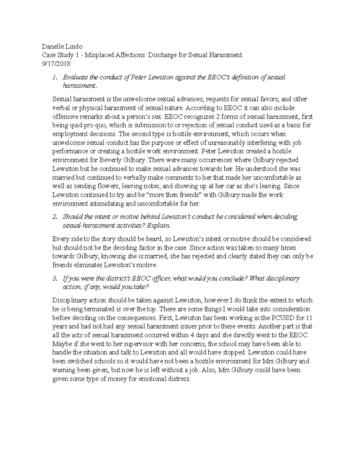 Law Case Study 1: Misplaced Affections and Sexual Harassment Analysis ...