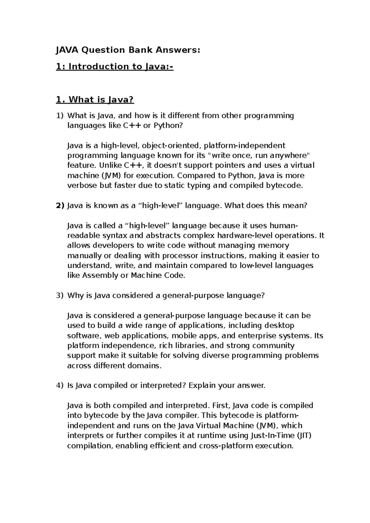 JAVA Question Bank Answers: Key Concepts and Features Explained - Studocu