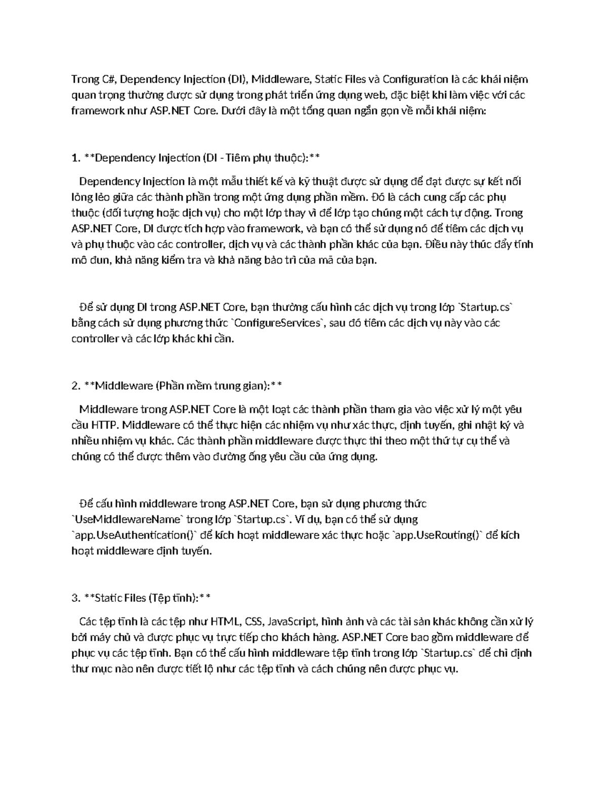 CSharp: Tổng Quan Về DI, Middleware, Static Files & Configuration trong ASP.NET Core - Studocu
