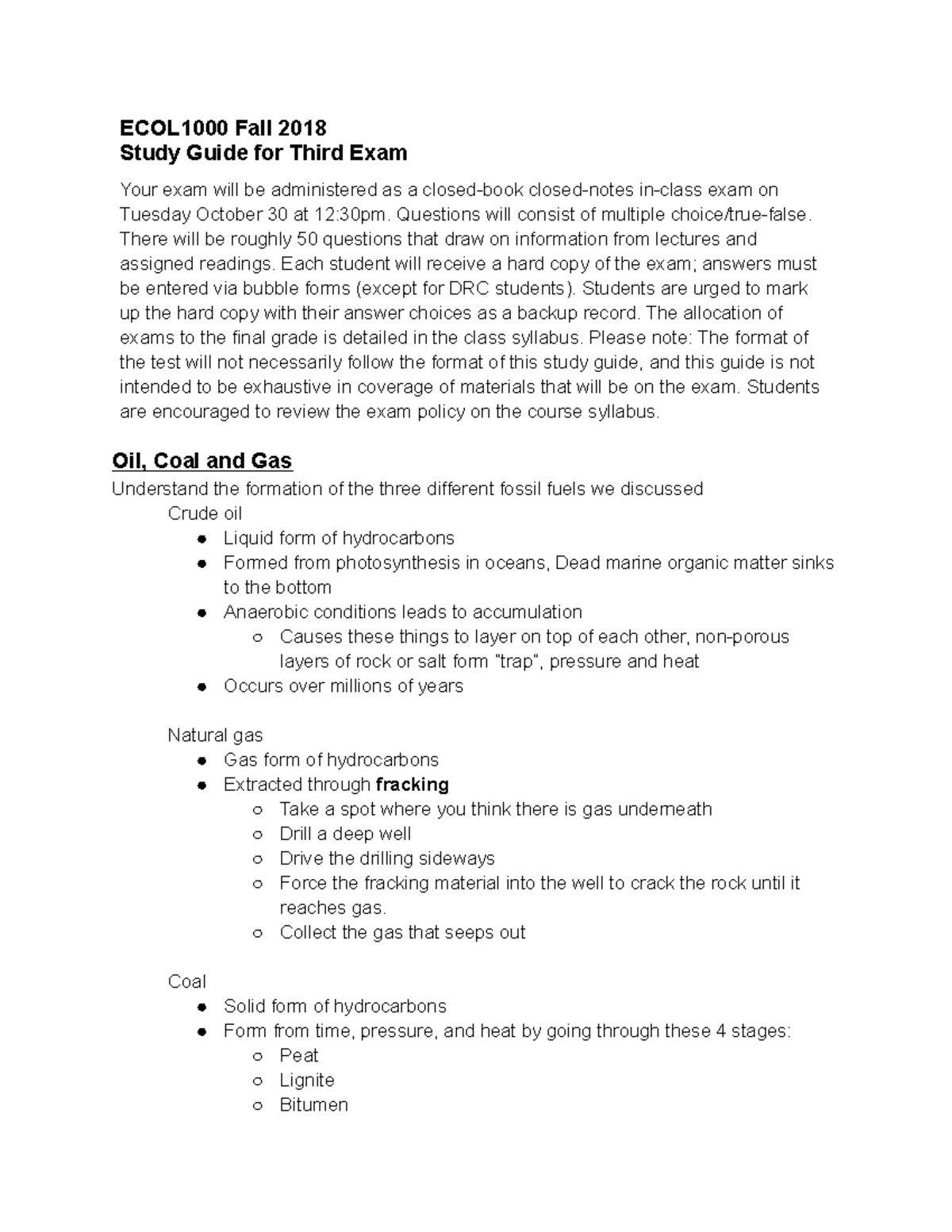 ECOL Test 3 - exam 3 study guide - ECOL1000 Fall 2018 Study Guide for ...