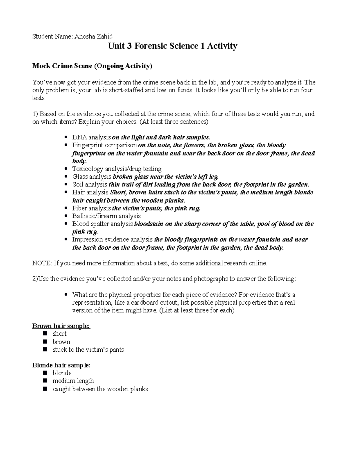 Unit 3 Forensic Science 1 Activity - Student Name: Anosha Zahid Unit 3 ...