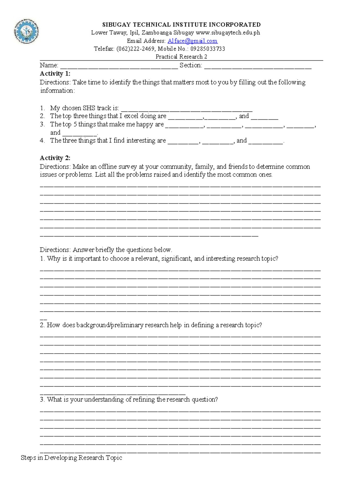 Practical Research 2 Activity 1: Identifying Research Topics - Studocu