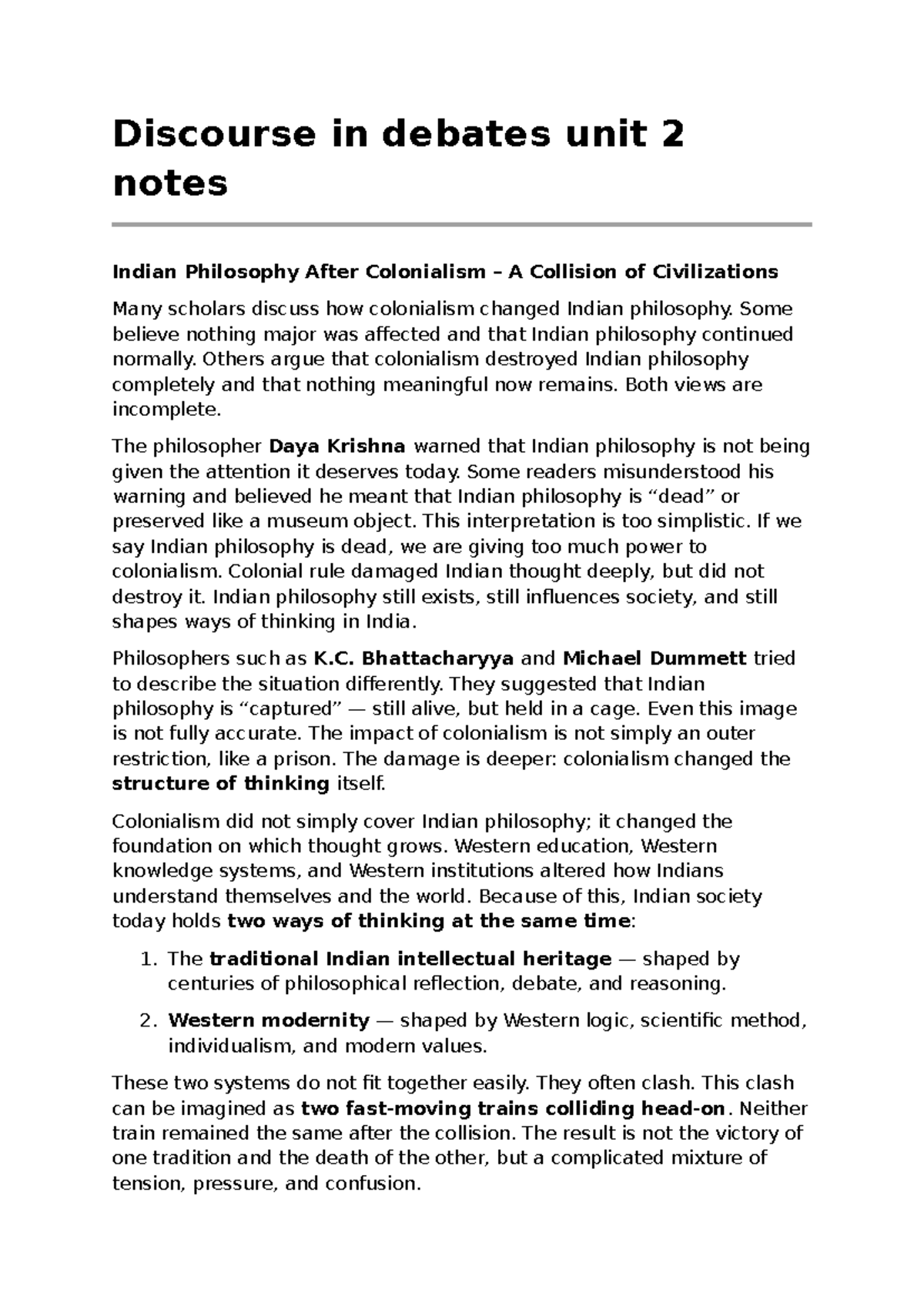 Discourse and Debates Unit 2: Indian Philosophy Post-Colonialism - Studocu