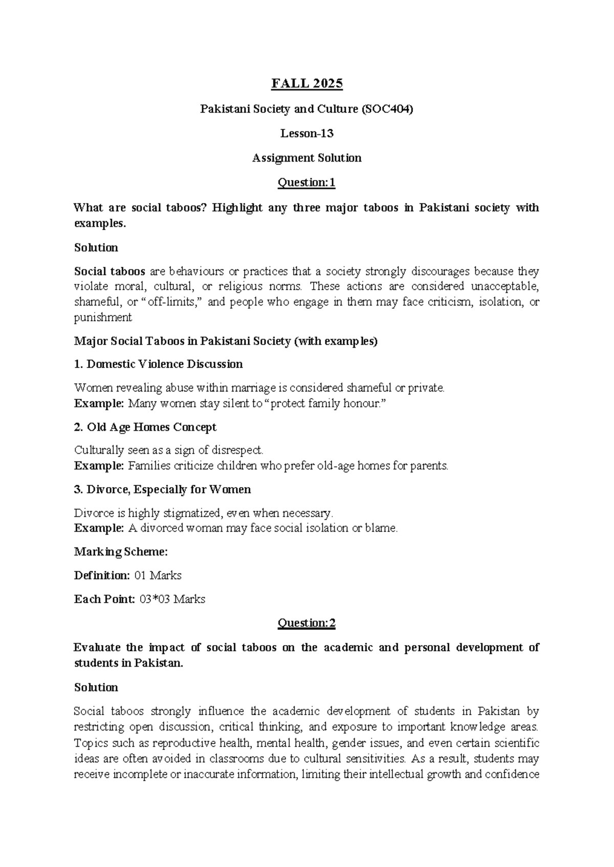 Fall 2025 SOC404 Assignment: Social Taboos in Pakistani Society - Studocu