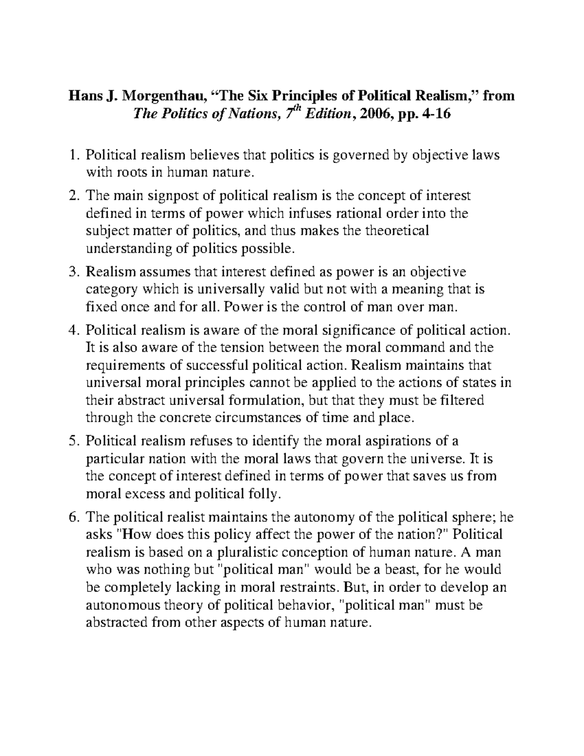 Morgenthau's 6 Principles of Political Realism: A Summary - Studocu