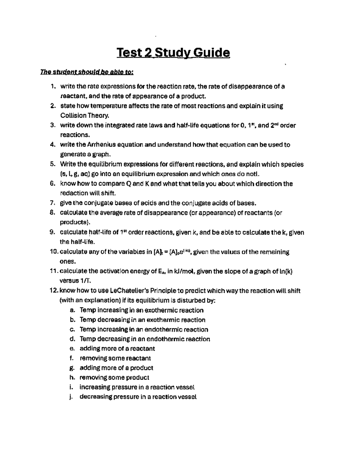 03252026 Test 2 Study Guide: Reaction Rates & Equilibrium Concepts ...