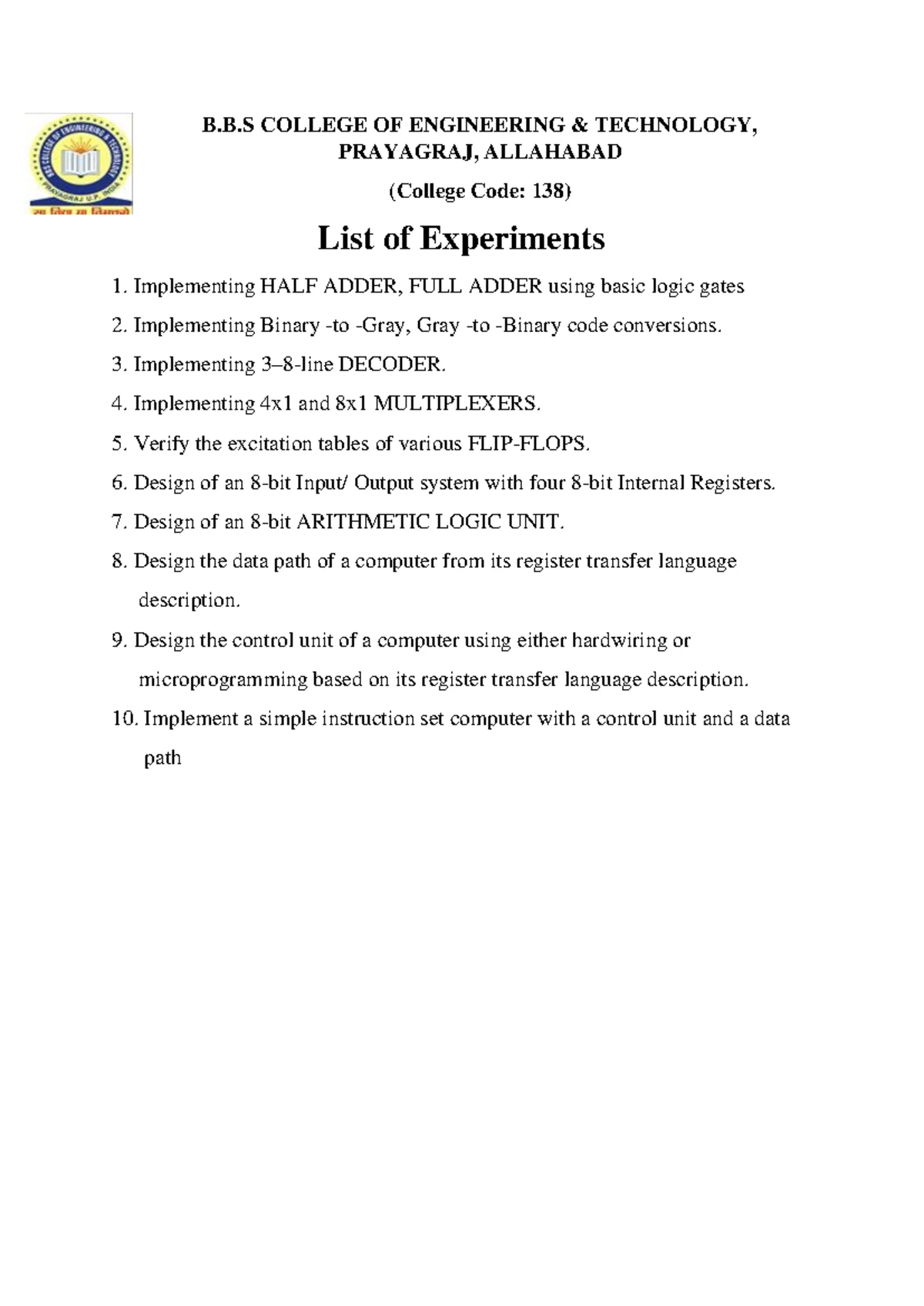 Computer Organization and Architecture Lab Manual (BCS-352) - Studocu