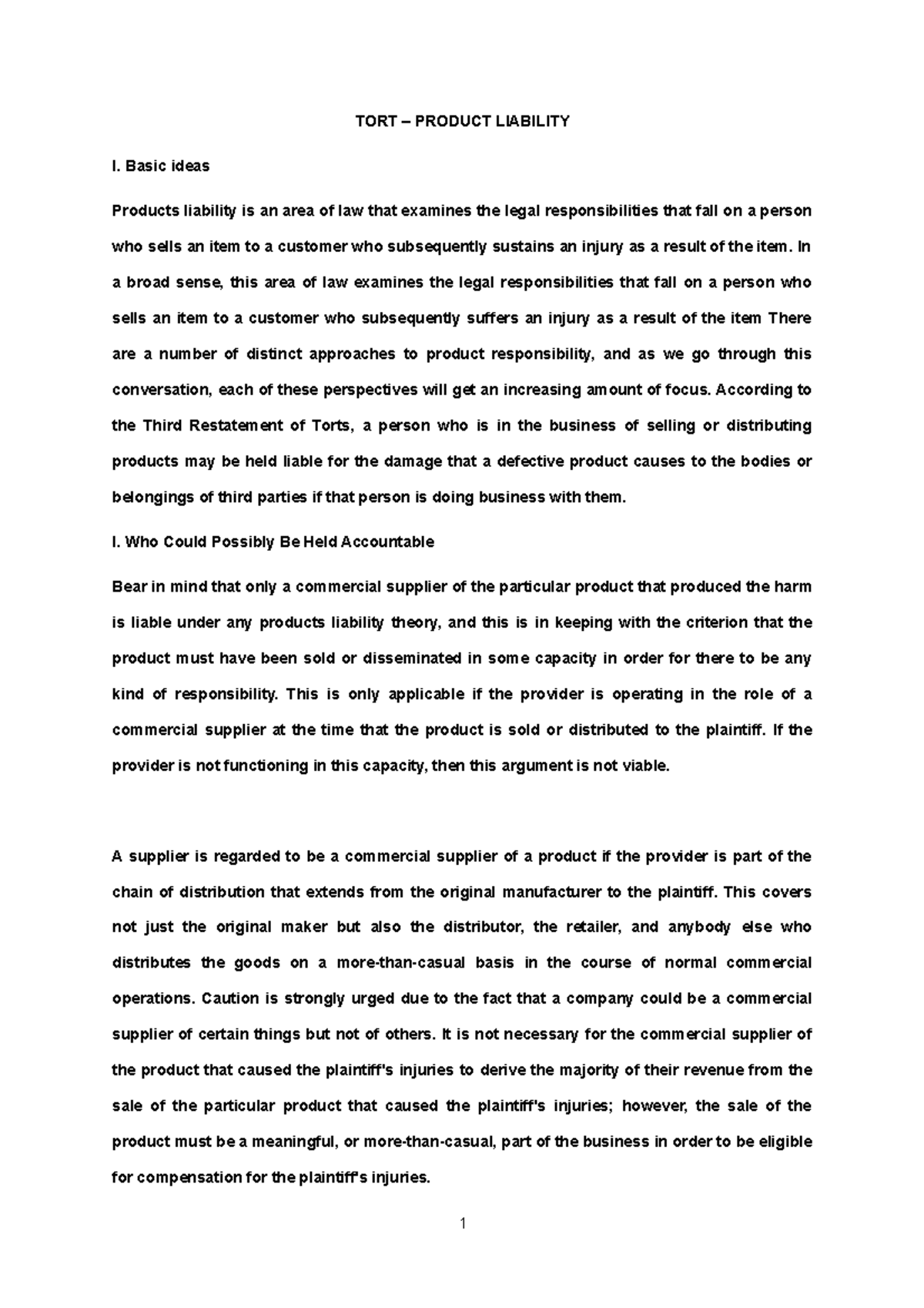 Summary Outline TORT Product Liability - TORT – PRODUCT LIABILITY I ...