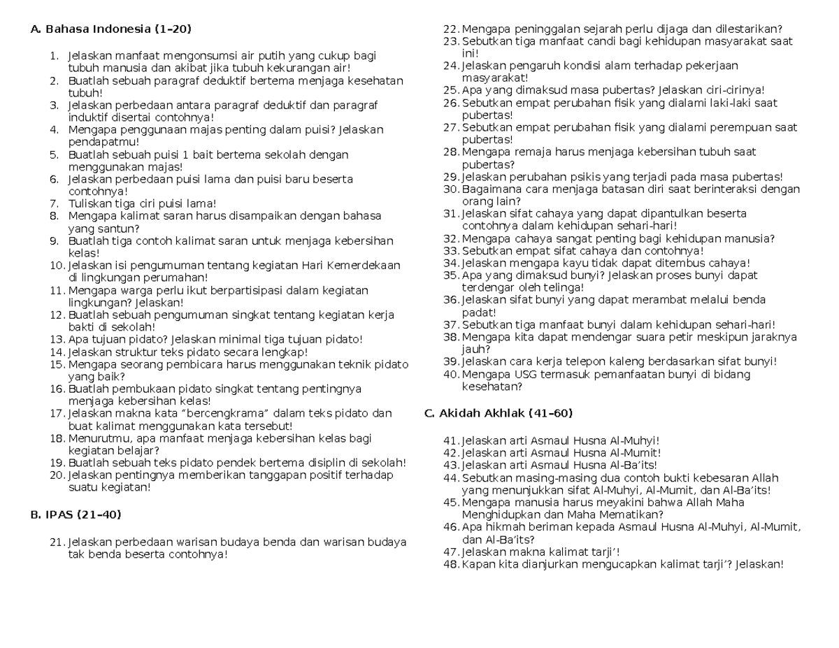 Kisi-kisi PAT Bahasa Indonesia dan IPAS 124151: Materi dan Contoh Soal ...