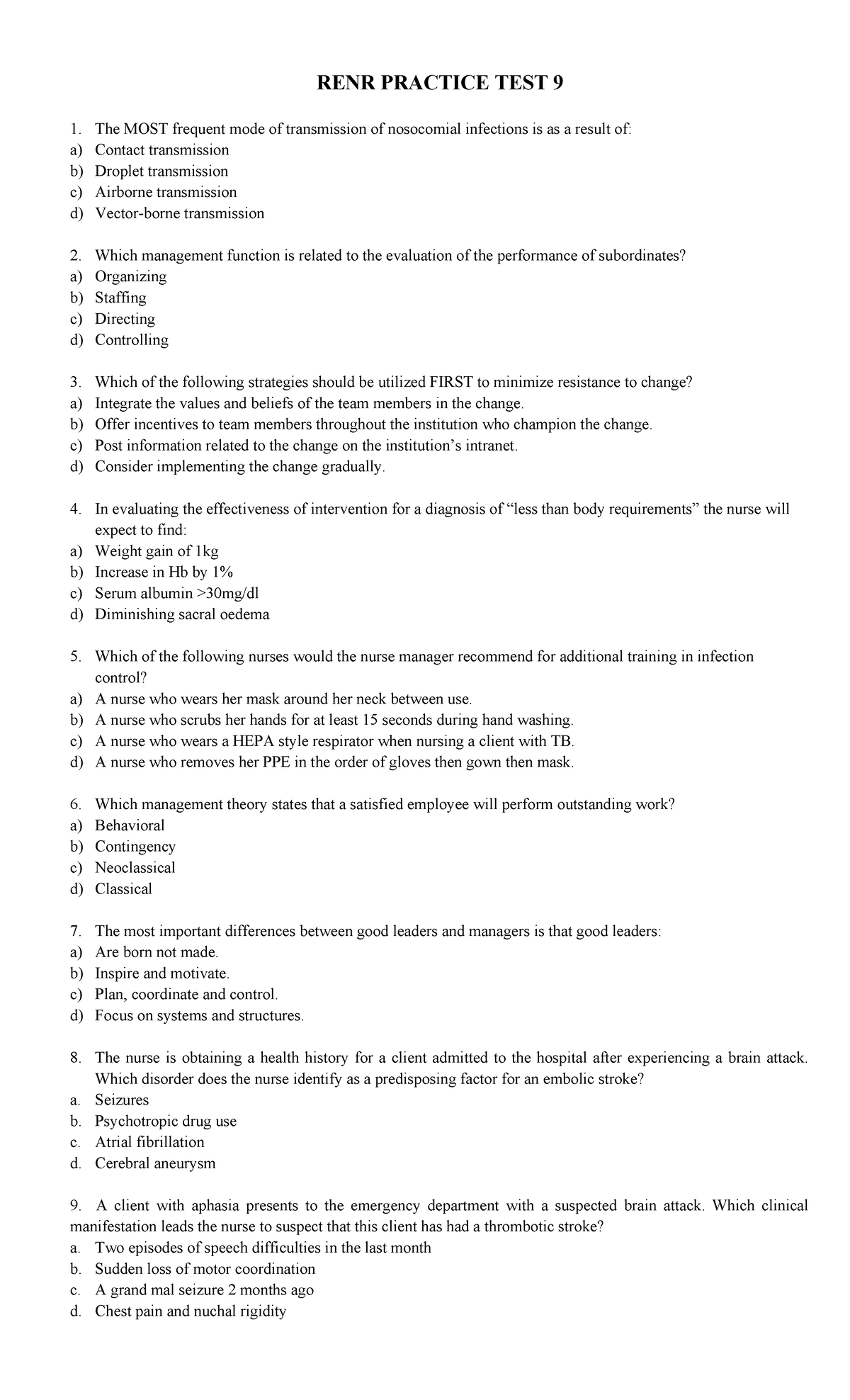 RENR Practice Test 9 - Final Exam Review for Nursing Students - Studocu