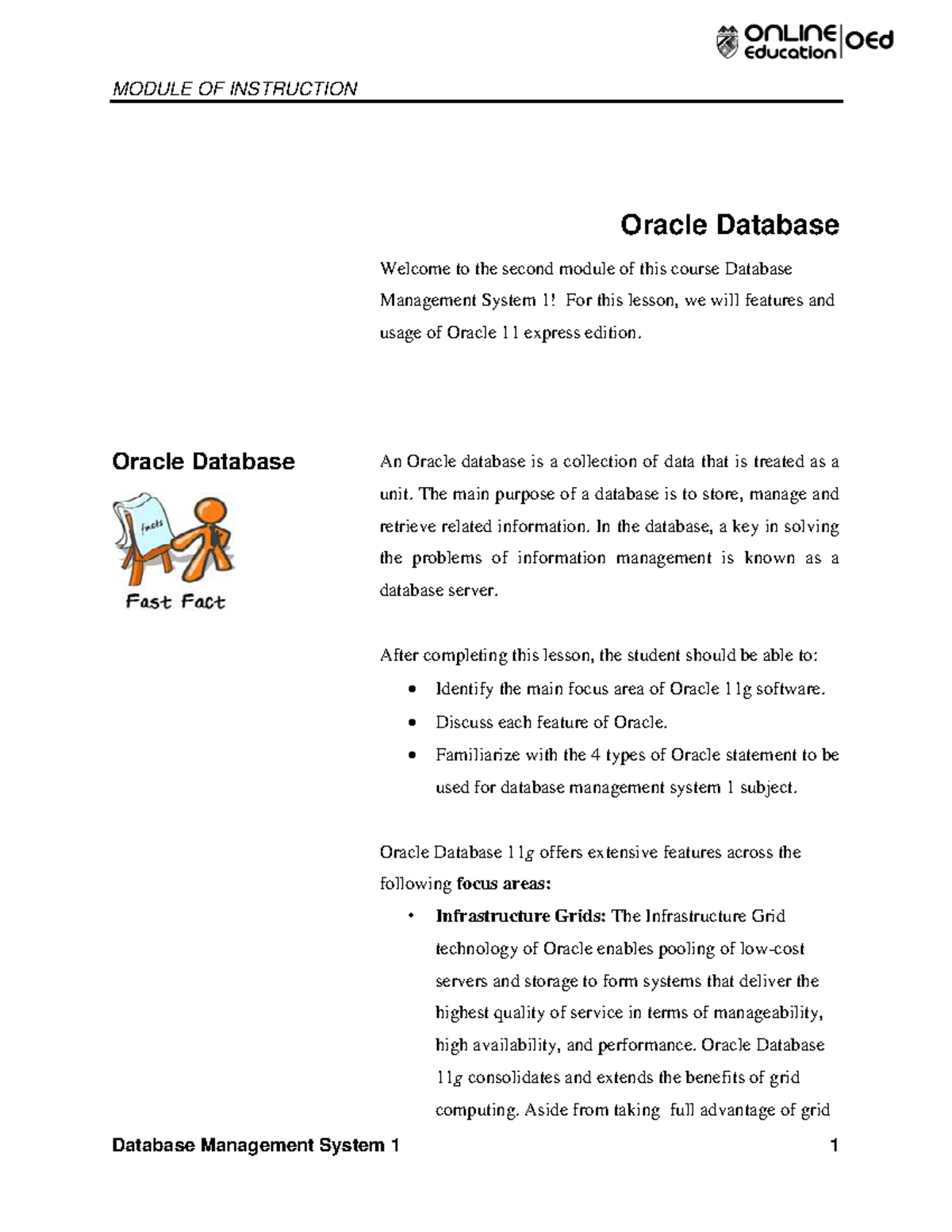 Lesson 2 - Introduction to Oracle Database - MODULE OF INSTRUCTION ...