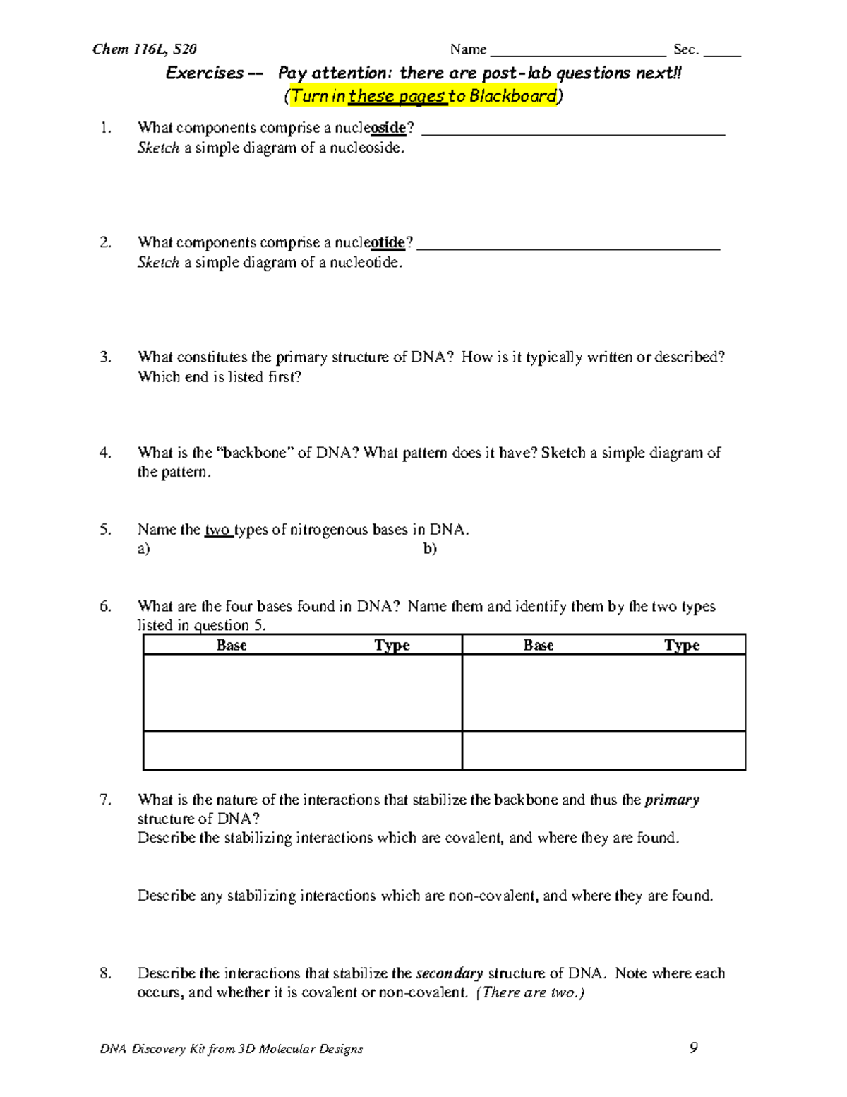 Chem 116L DNA Discovery Kit Exercises - Studocu