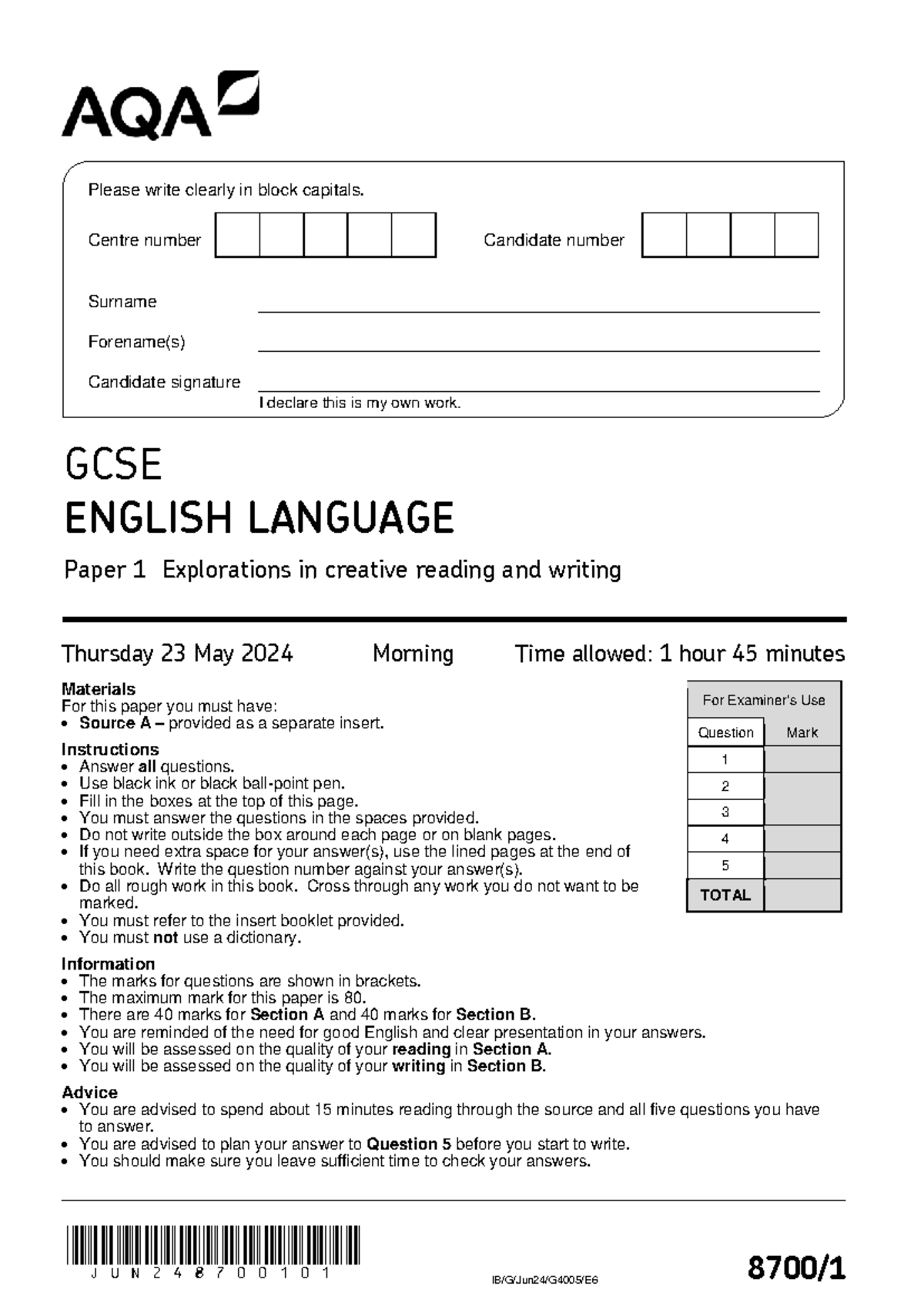 GCSE English Language Paper 1: Unreleased May 2024 Question Paper - Studocu