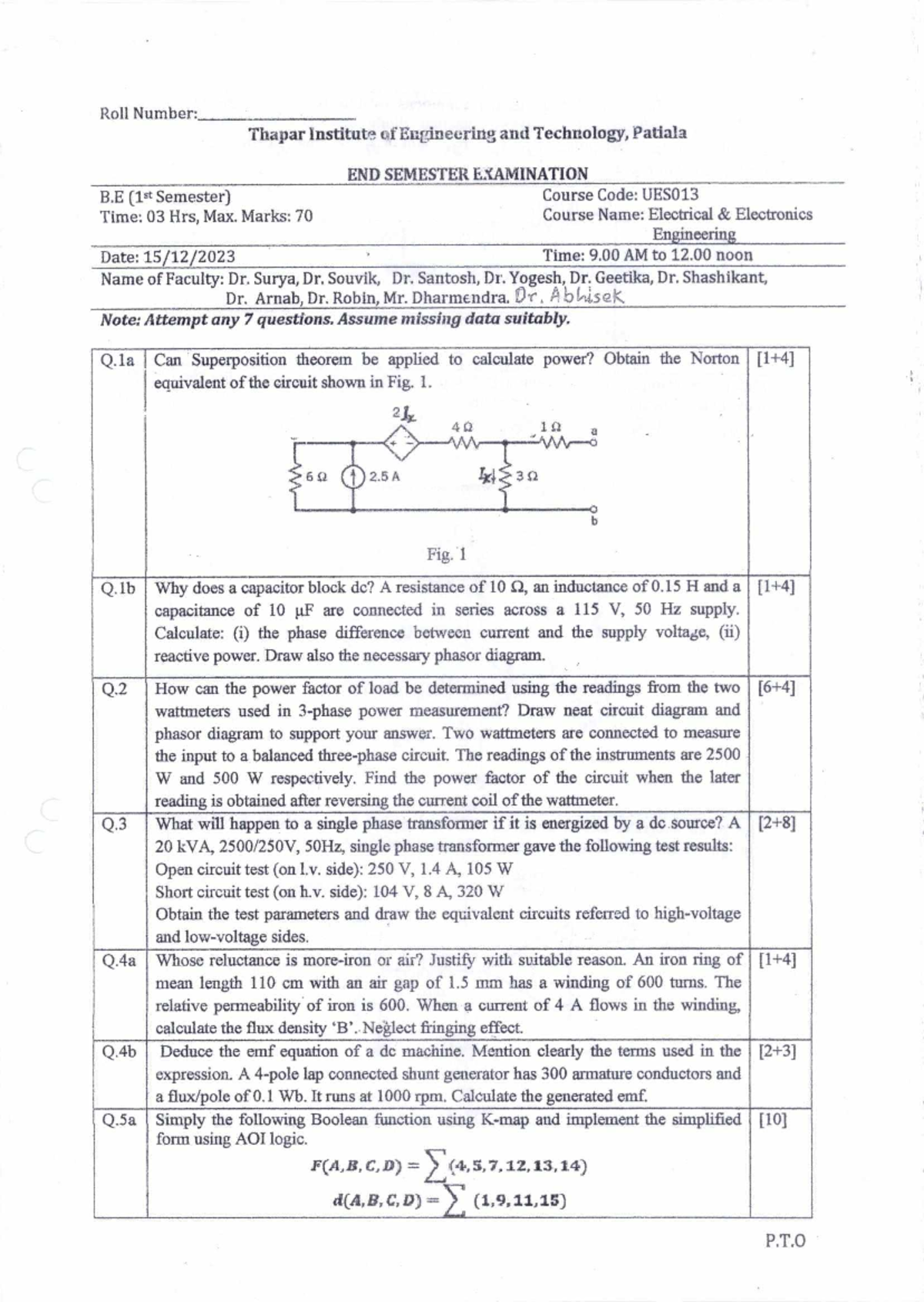UES013 - Electrical Engineering End Semester Exam Paper - Studocu