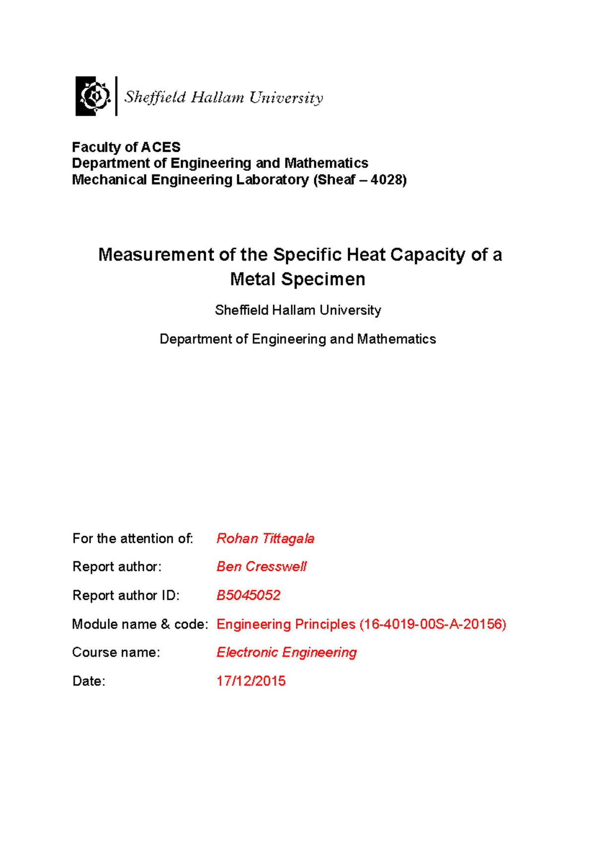 Specific Heat Capacity Report - Faculty of ACES Department of ...