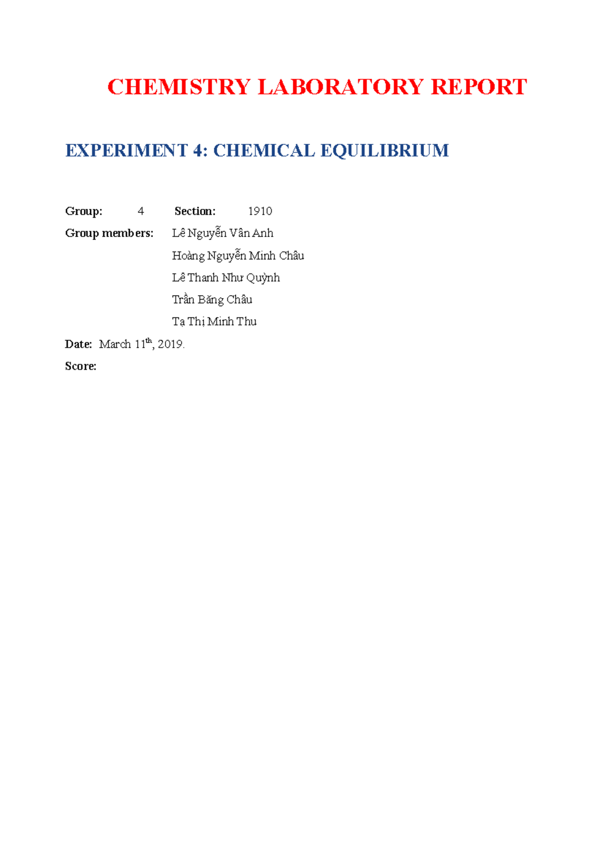 Chemistry Lab Report 4: Chemical Equilibrium Analysis - Studocu