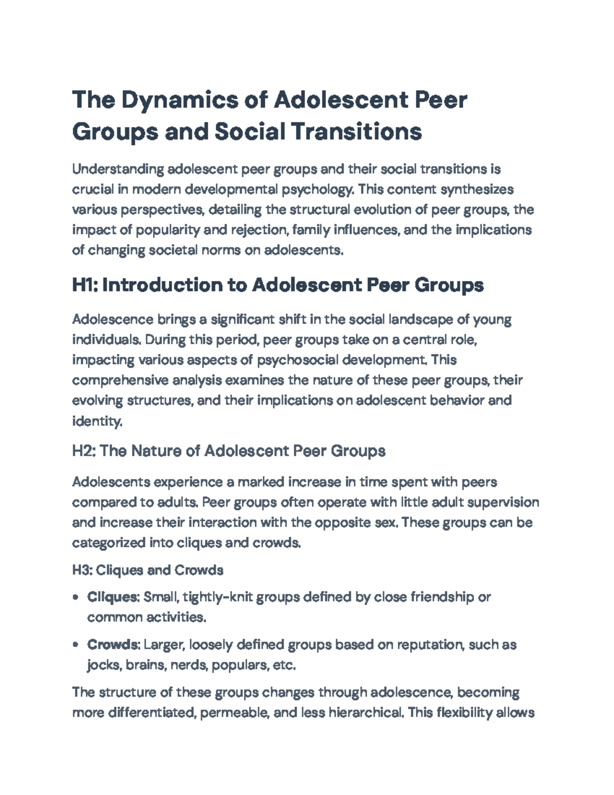 Dynamics of Adolescent Peer Groups and Social Transitions Analysis - The Dynamics of Adolescent ...