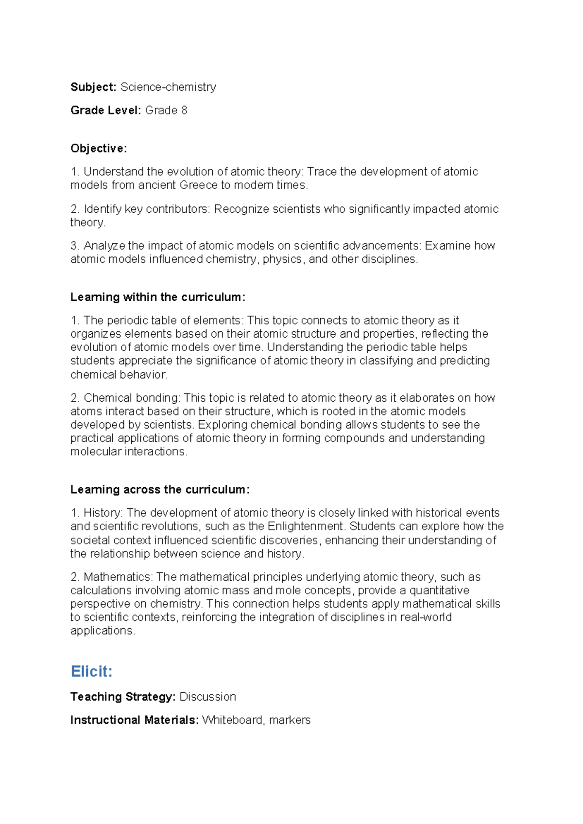 Grade 8 Science Chemistry Lesson Plan: Evolution of Atomic Theory - Studocu
