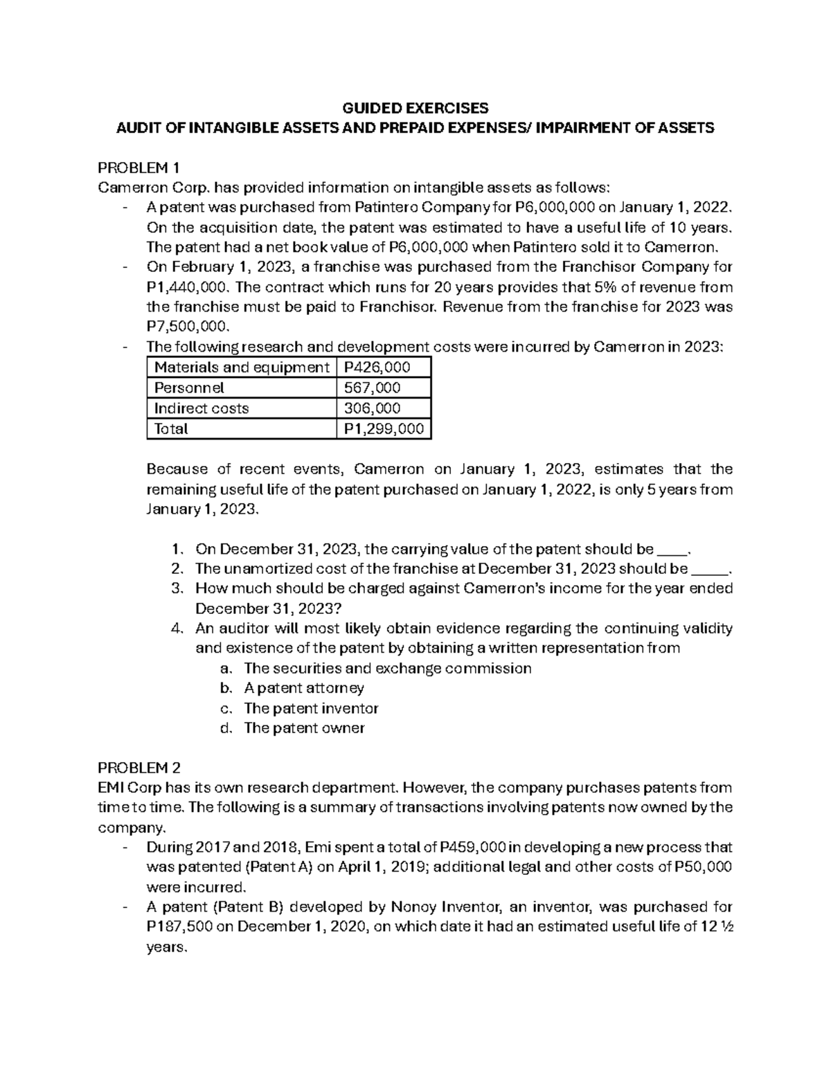 Guided Exercises Audit of Intangibles and Impairment - GUIDED EXERCISES ...