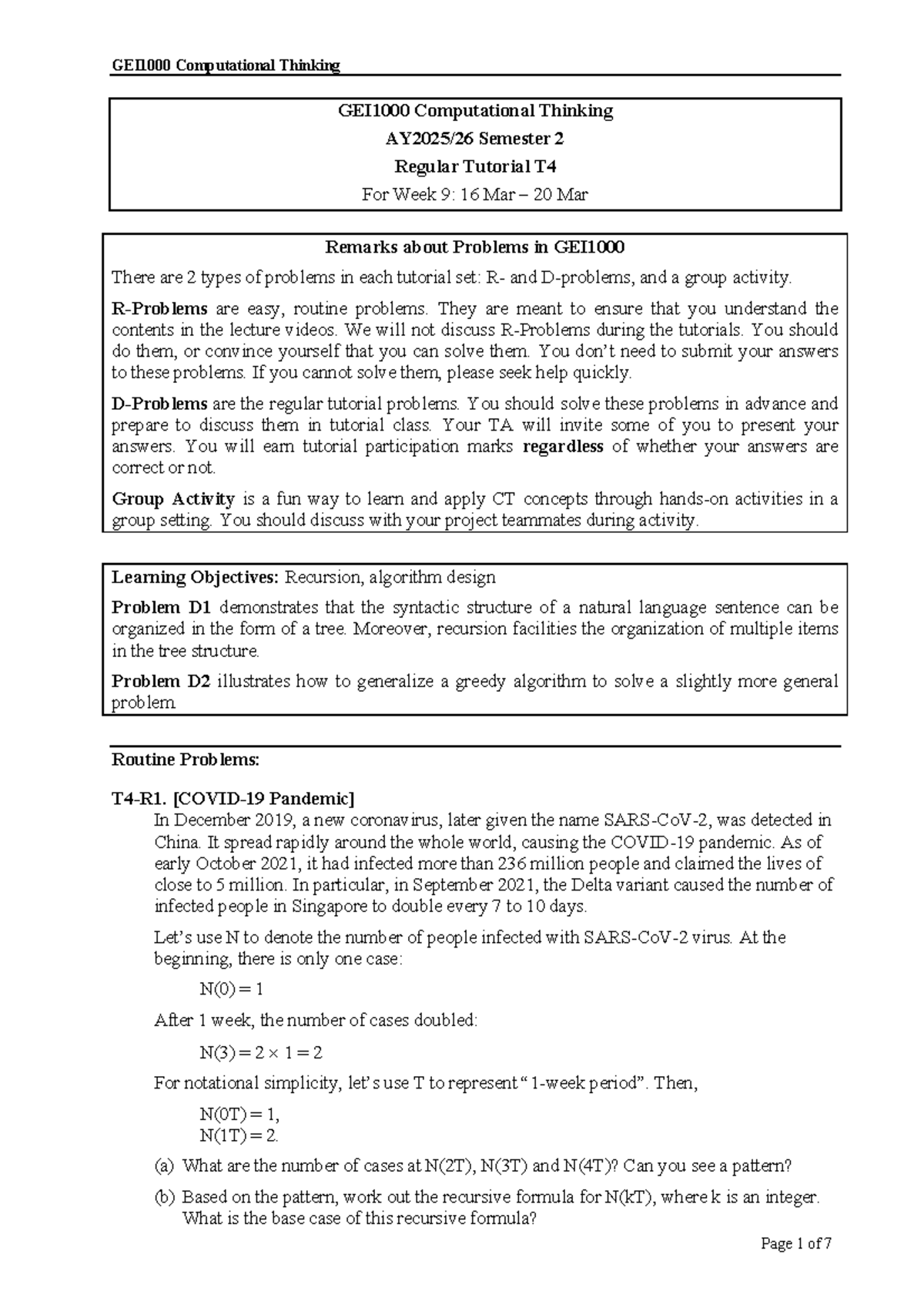 T4 - Computational Thinking Semester 2 Tutorial 4: Week 9 Overview ...