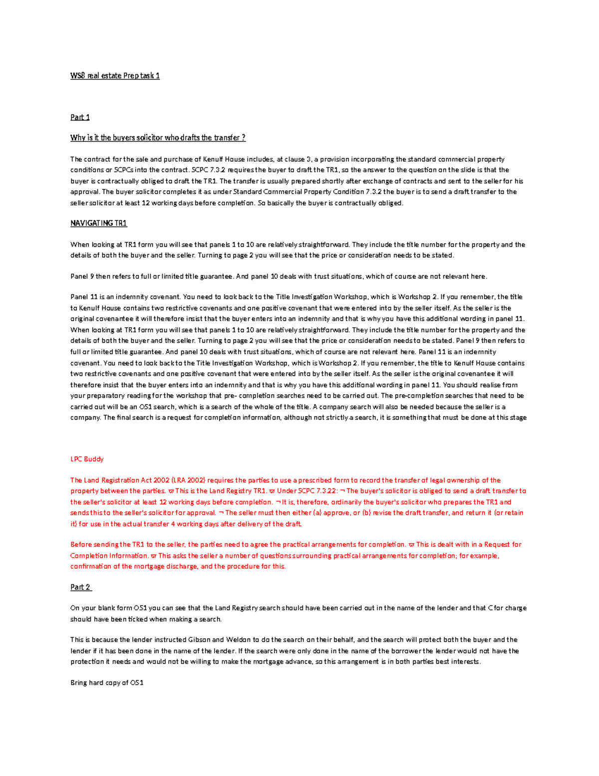 WS8 Real Estate Prep Task 1: Buyer’s Solicitor & TR1 Drafting - Studocu