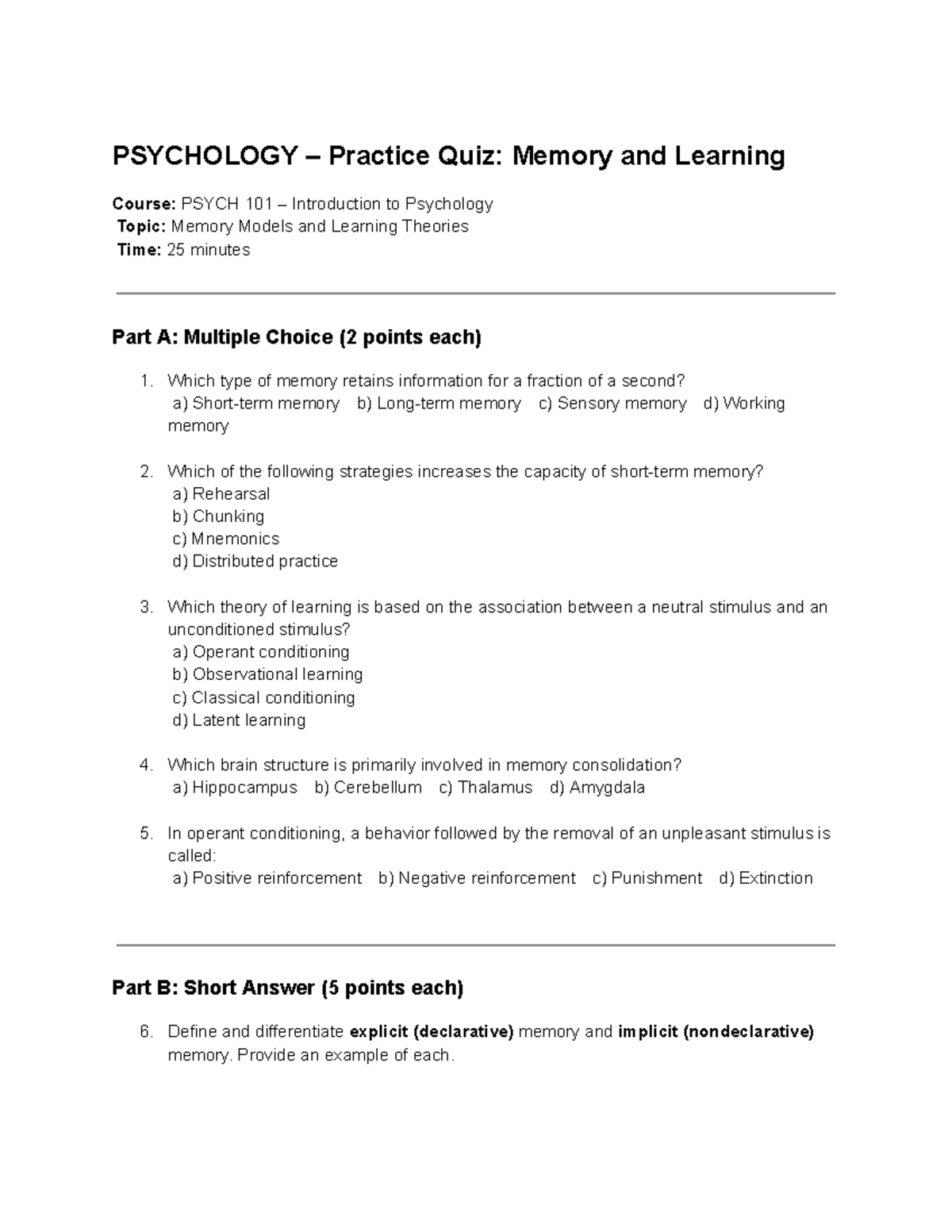 PSYCH 101 Practice Quiz: Memory Models & Learning Concepts - Studocu