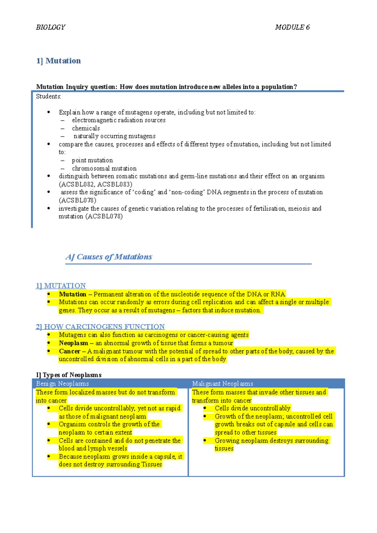 HSC Biology Module 6 - Summary notes - 1] Mutation Mutation Inquiry ...
