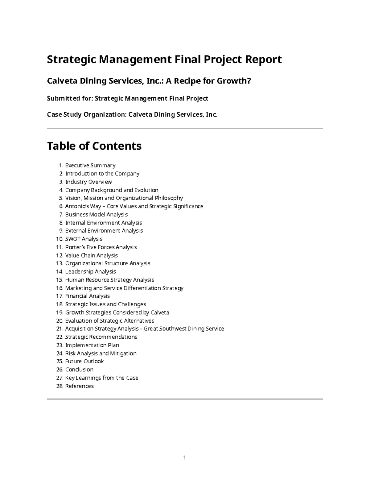 Strategic Management Final Project Report: Calveta Dining Services, Inc ...
