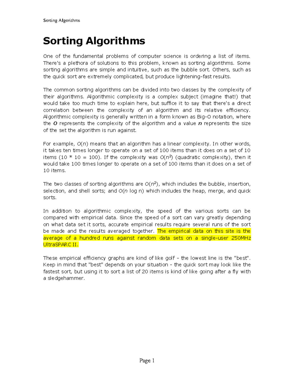 Sorting Algorithms Notes - Sorting Algorithms One of the fundamental ...