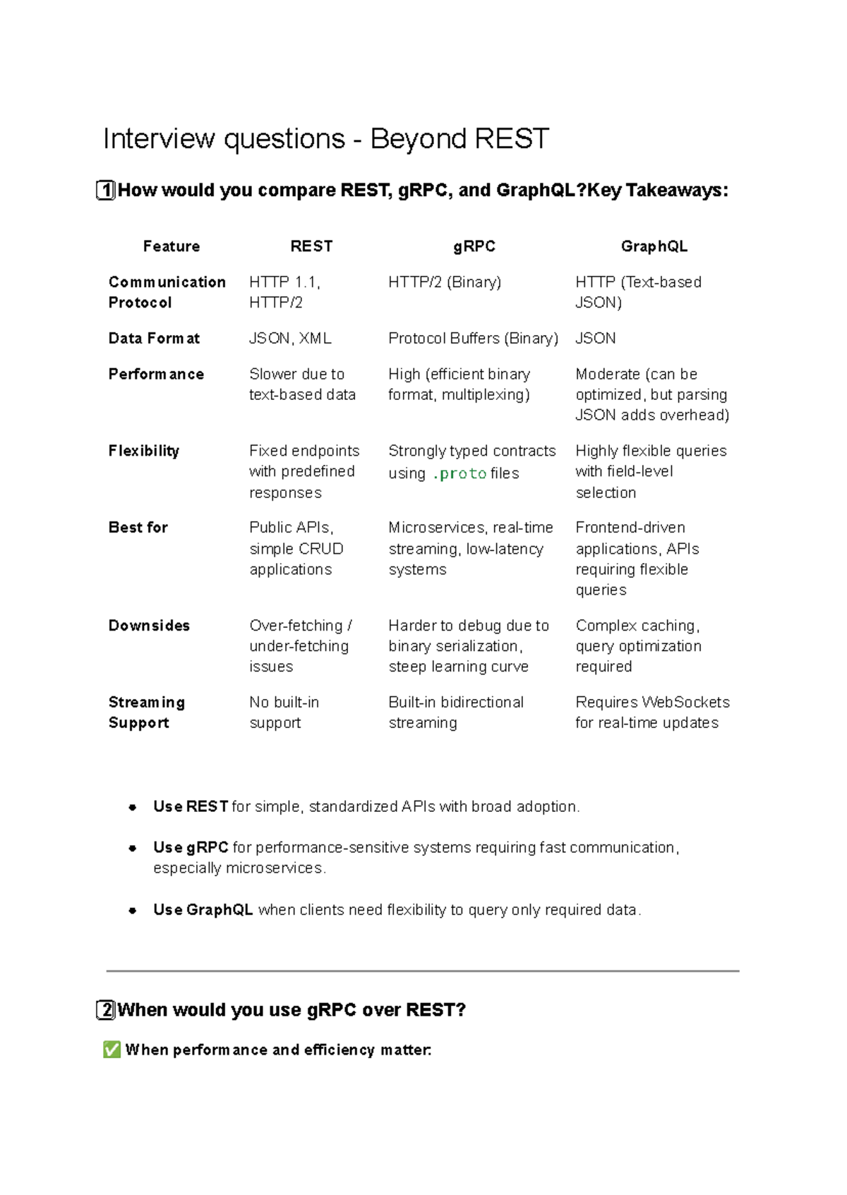 Interview Questions: Comparing REST, gRPC, and GraphQL - Studocu