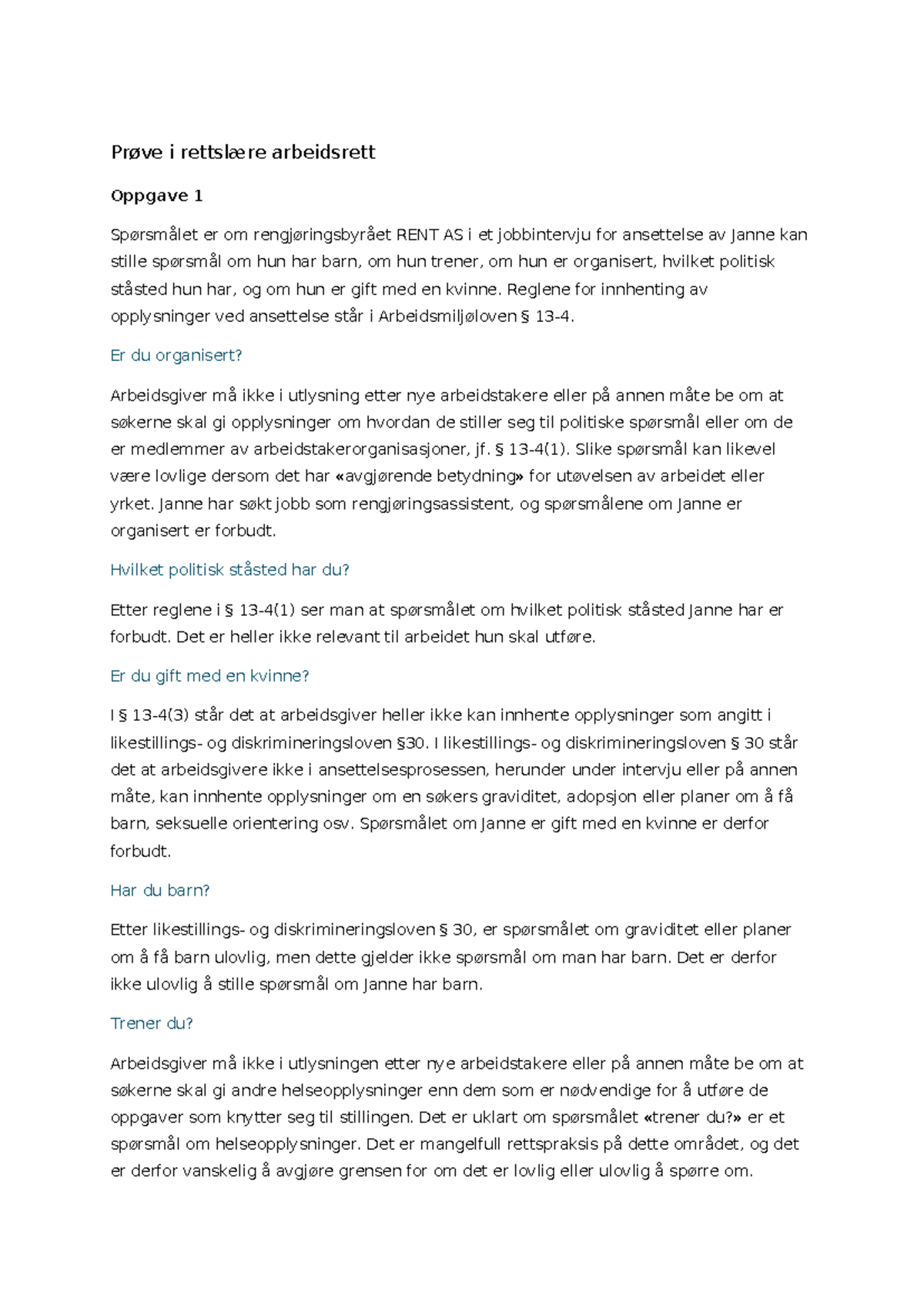 Prøve i rettslære arbeidsrett - Oppgave 1 & 2 Analyse av Ansettelse og ...