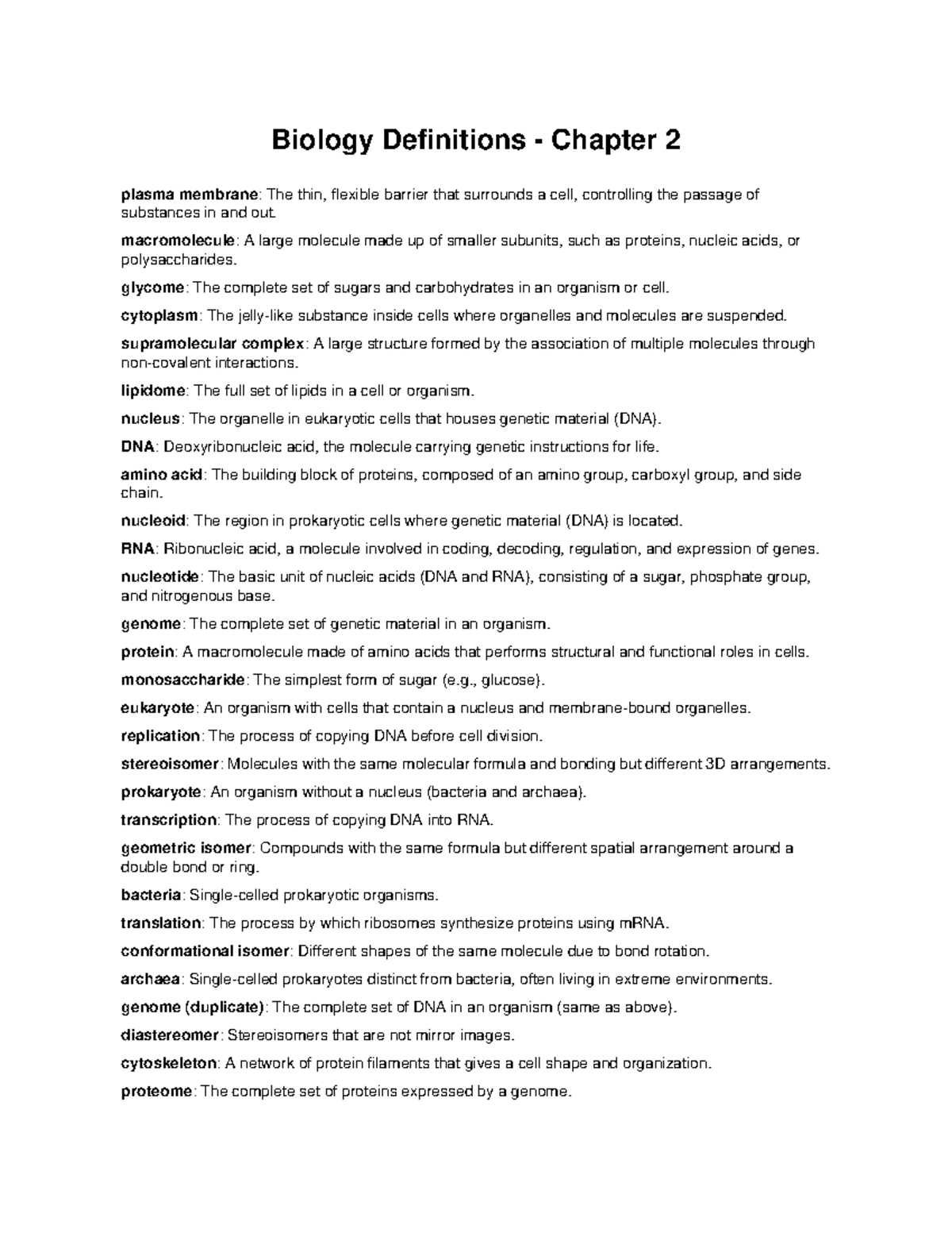 Biology Definitions CH2: Key Terms and Concepts Explained - Studocu