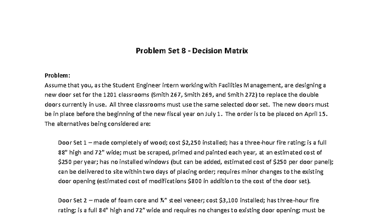 Problem Set 8: Decision Matrix for Classroom Door Set Design - Studocu