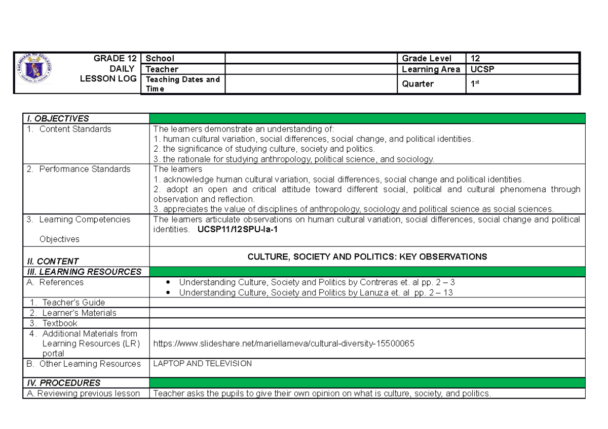 Grade 12 UCSP Daily Lesson Log: Culture, Society & Politics Week 1 ...