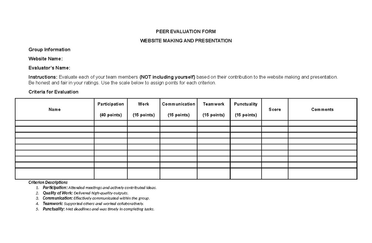 PEER EVALUATION FORM: WEBSITE MAKING & PRESENTATION (Group Work) - Studocu
