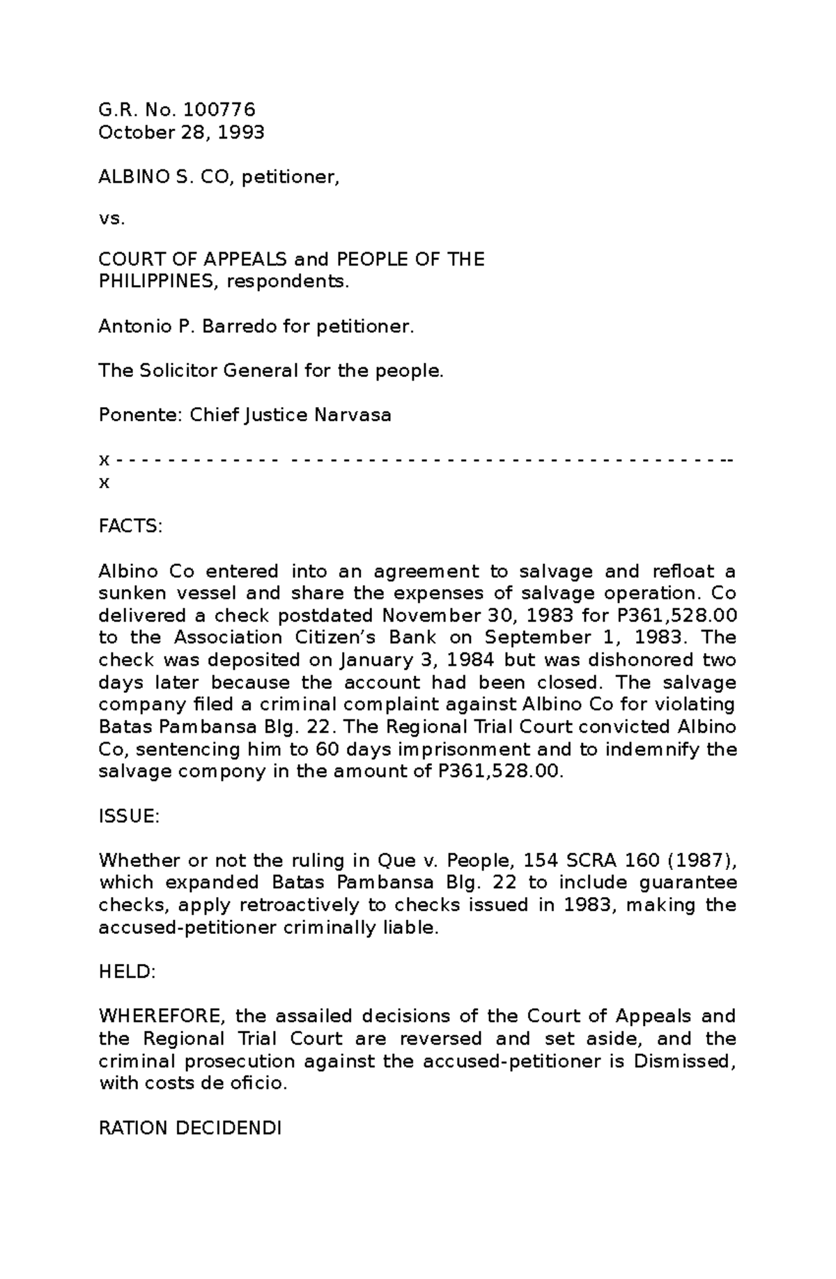 G.R. No. 100776: Albino S. Co vs. Court of Appeals - Case Summary - Studocu