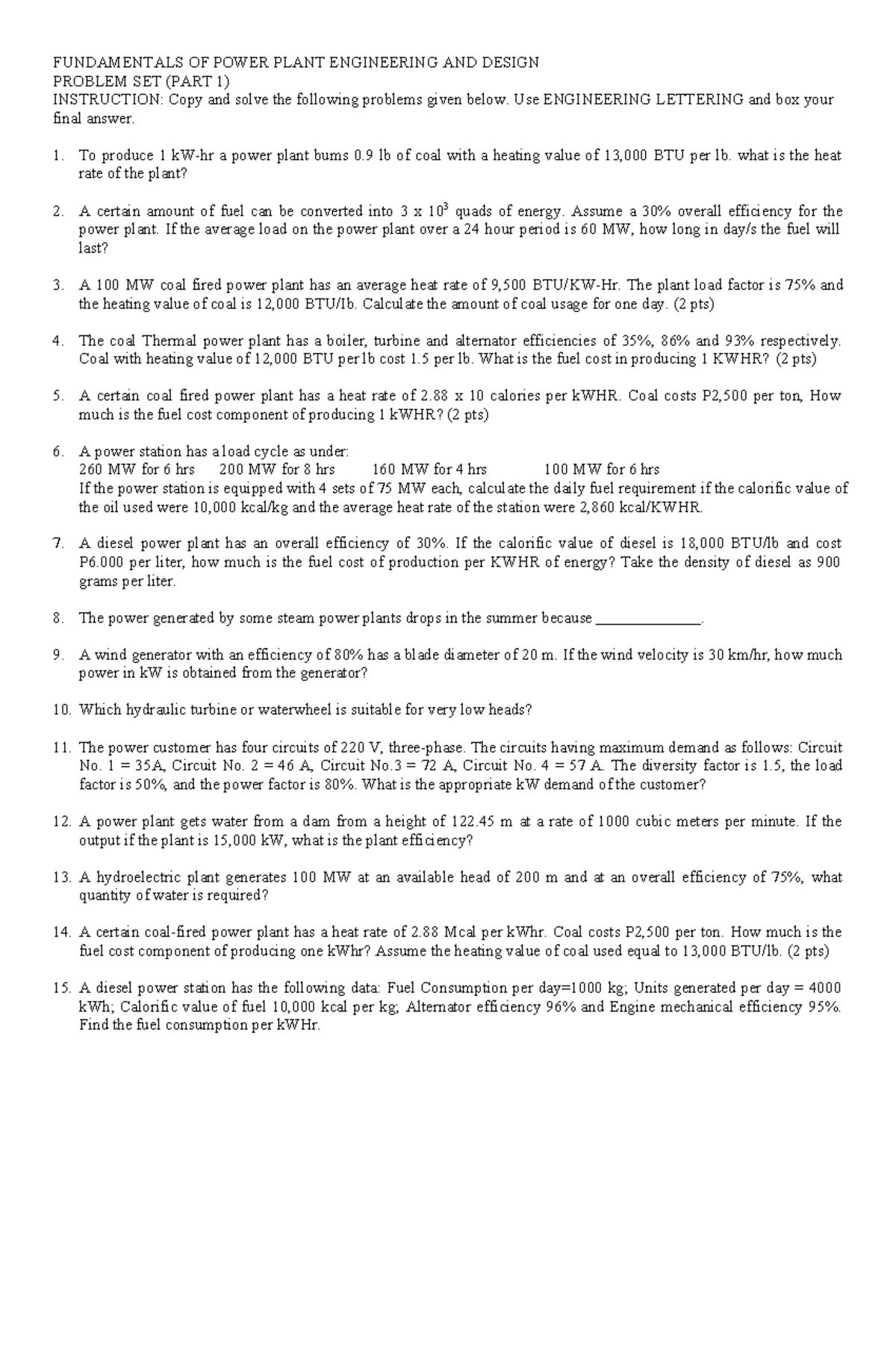 FUNDAMENTALS OF POWER PLANT ENGINEERING PROBLEM SET (PART 1) - Studocu