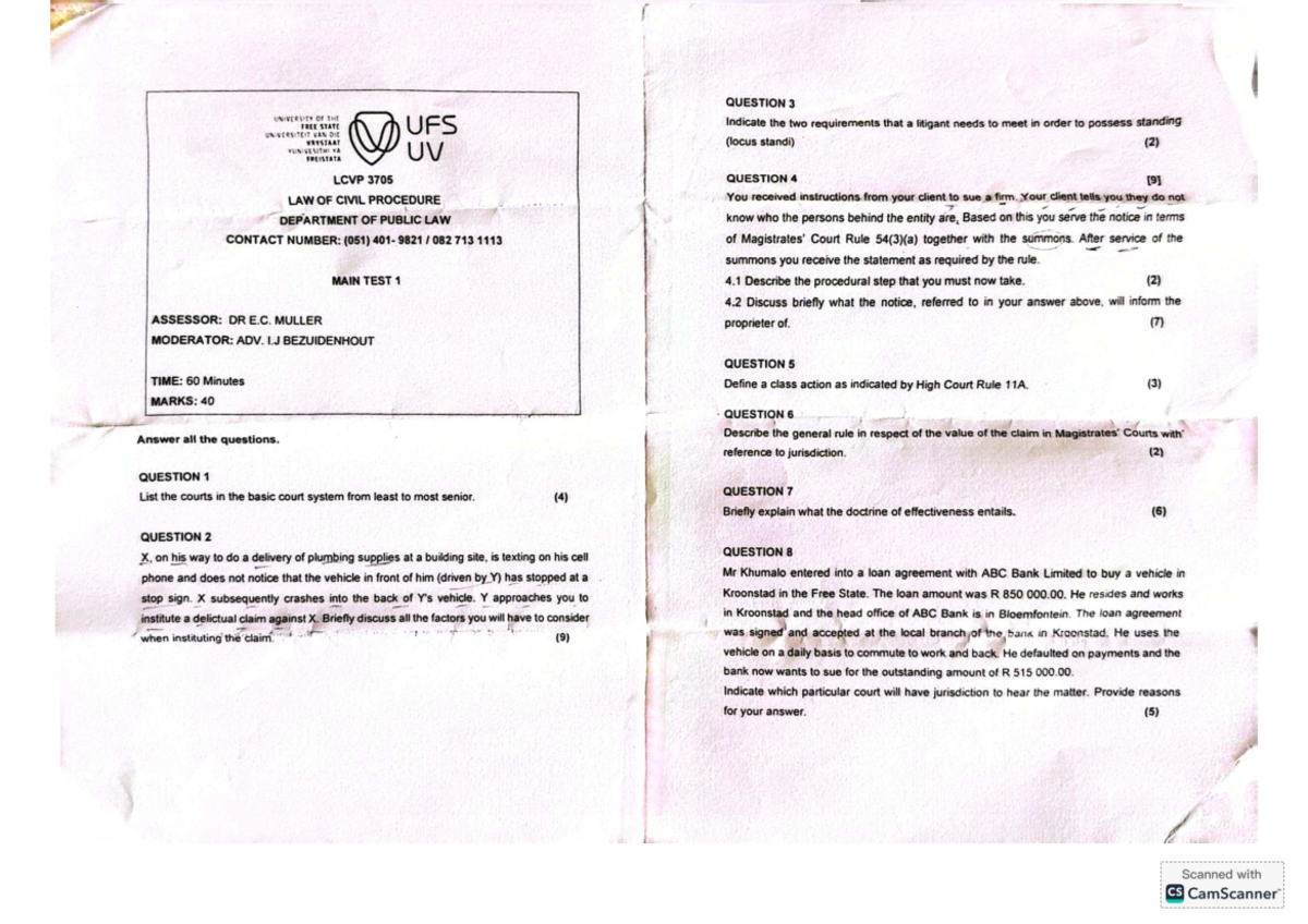 LCVP 3705 Civil Procedure Main Test 1 - Key Questions & Answers - Studocu