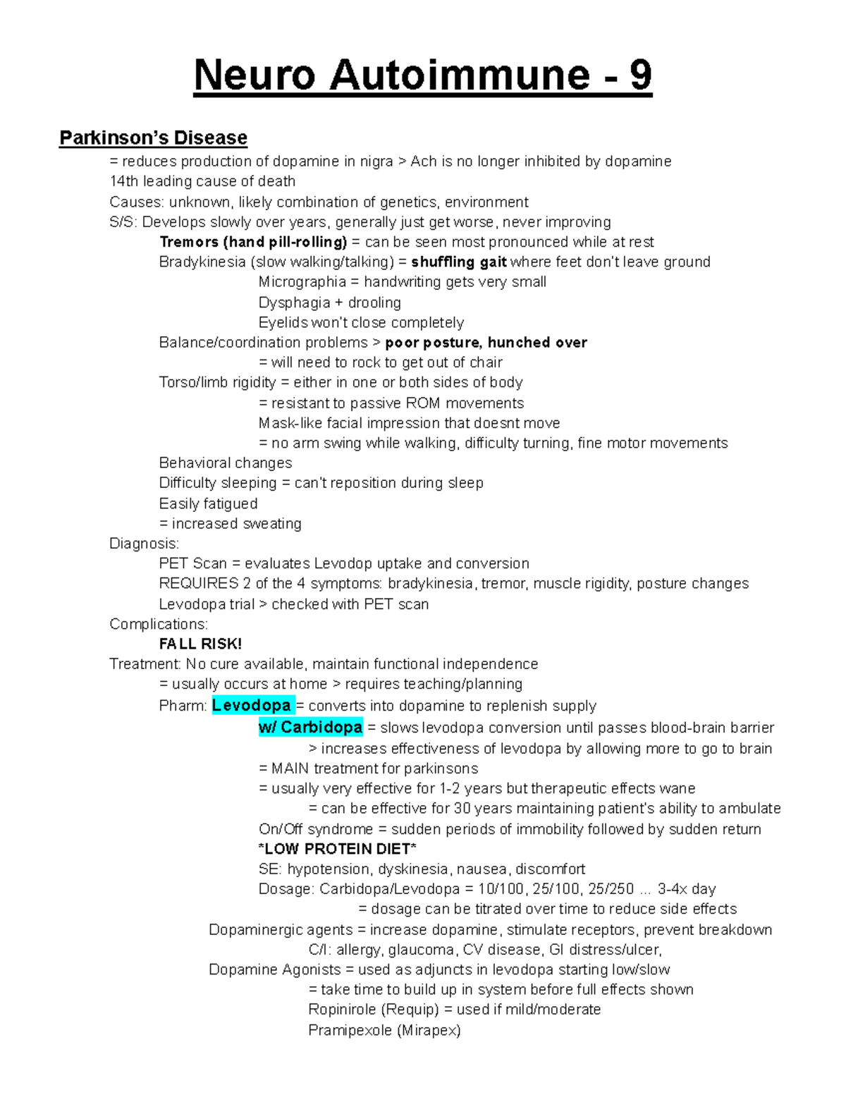 NU202 Parkinson's and Neuroautoimmune Conditions Final Review - Studocu