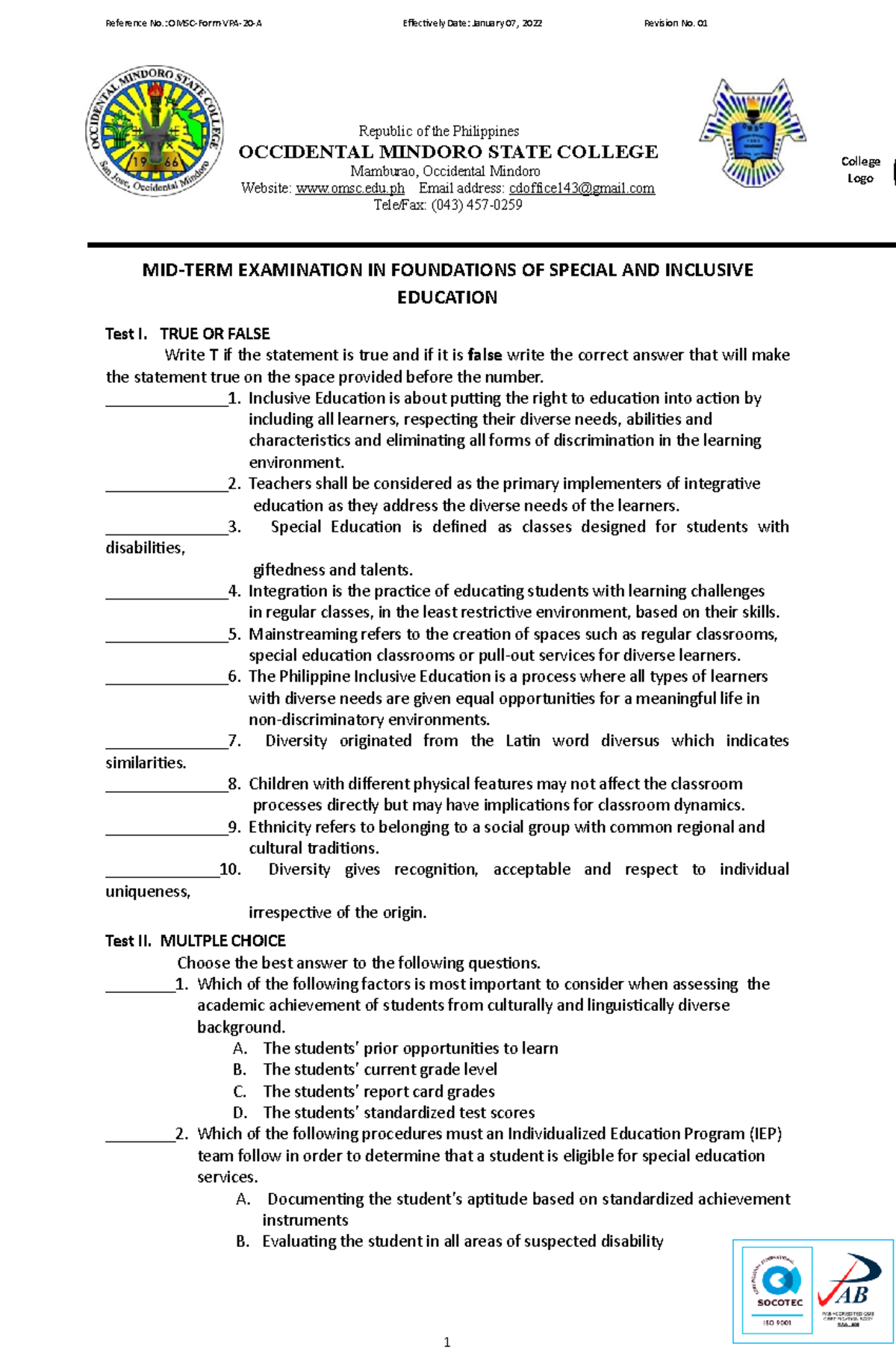 Mid Term Exam in Foundations of Special and Inclusive Education ...